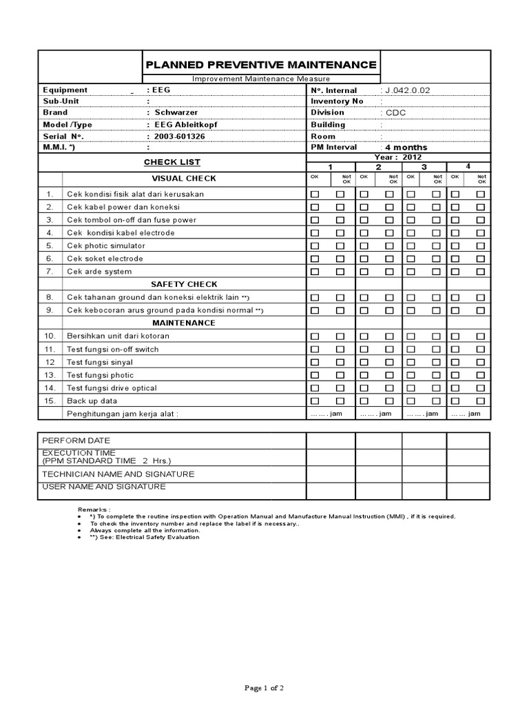 Preventive Maintenance Checklist for EEG | PDF | Electric Power ...