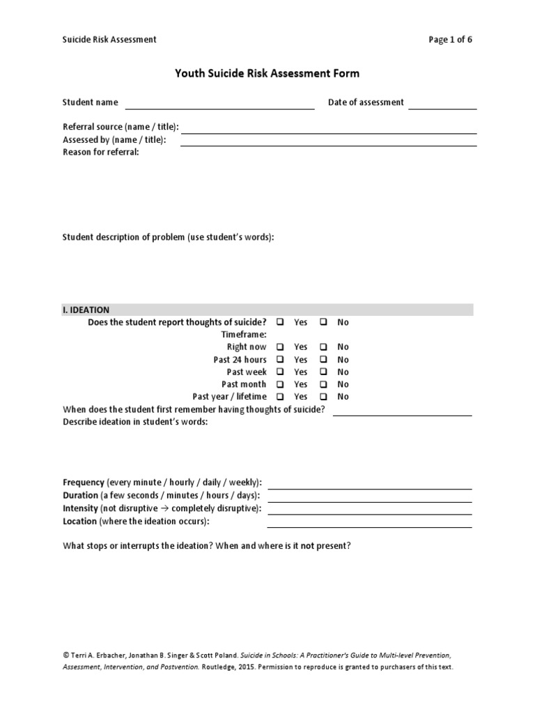 Suicide Risk Assessment Form Erbacher 2015 | PDF | Bullying | Major ...