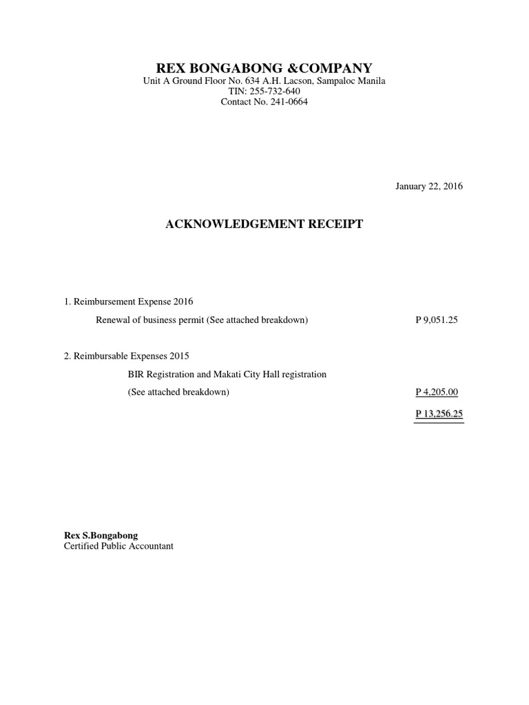 ACKNOWLEDGEMENT RECEIPT Sample | PDF