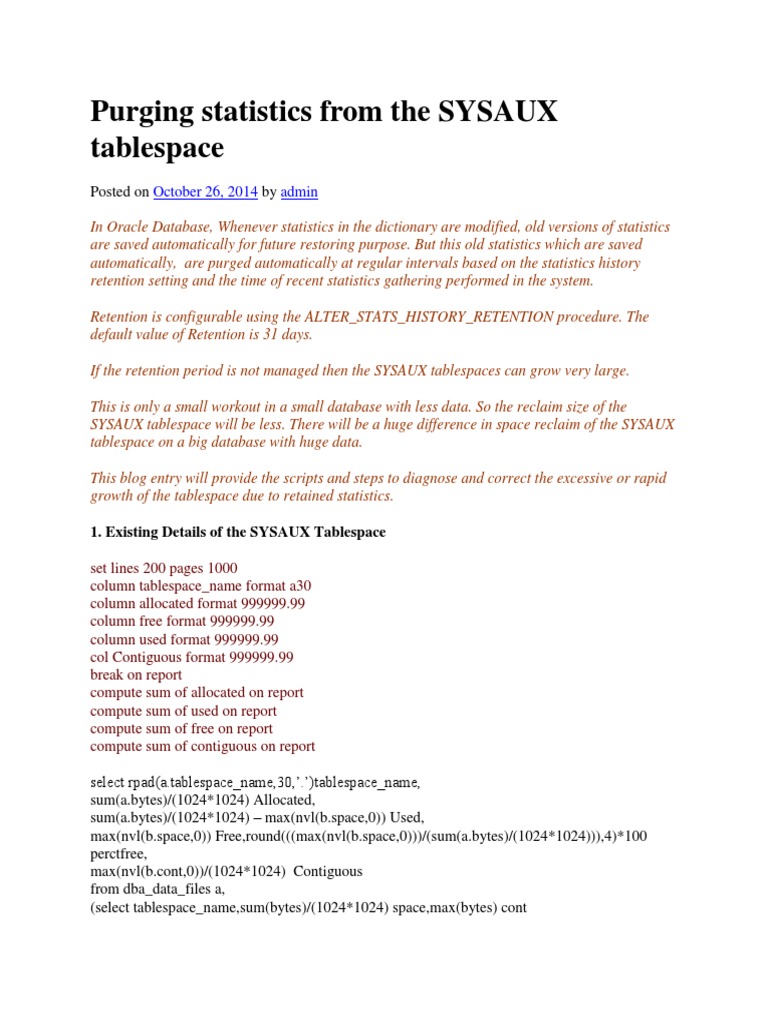 Purging Statistics and Reclaiming Space in SYSAUX Tablespace | PDF ...