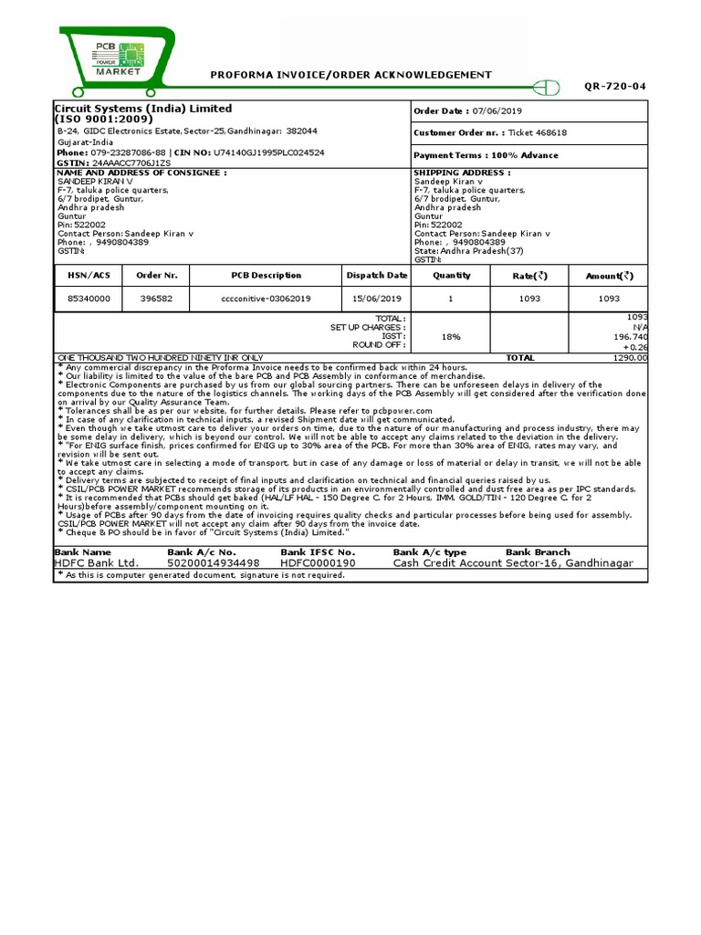 Circuit Systems (India) Limited (ISO 9001:2009) : QR-720-04 Proforma Invoice/Order ...