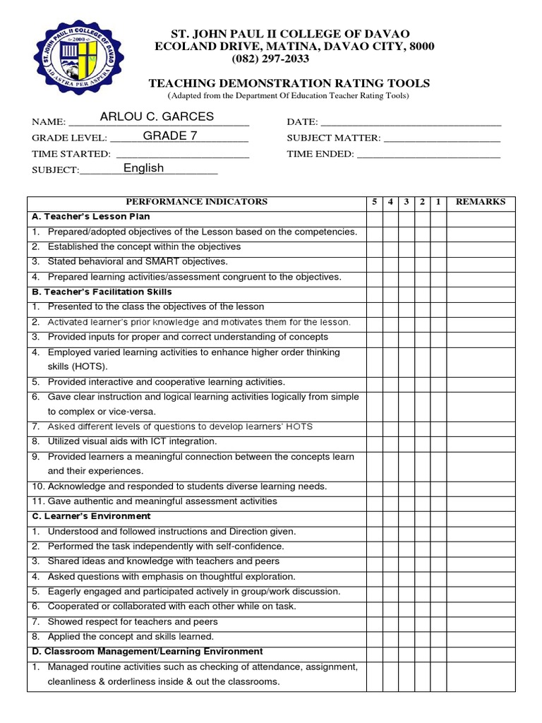 Teaching Demonstration Rating Tools | PDF | Learning | Teachers