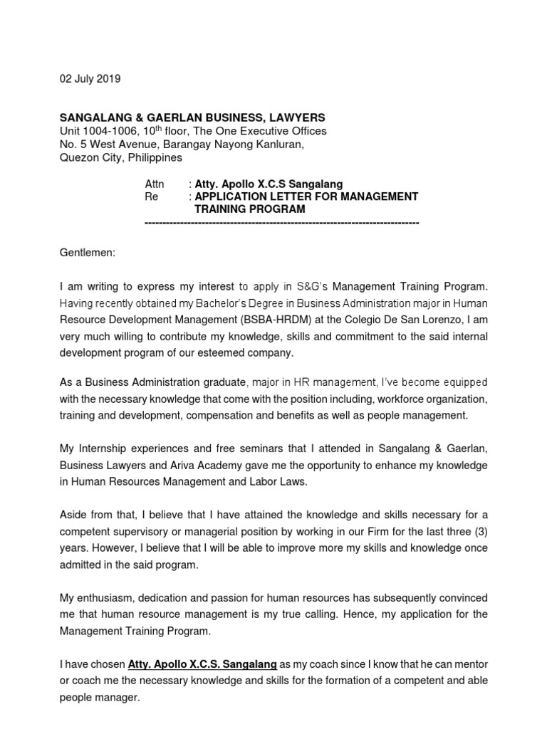 Application Letter (Management Training Program) | PDF
