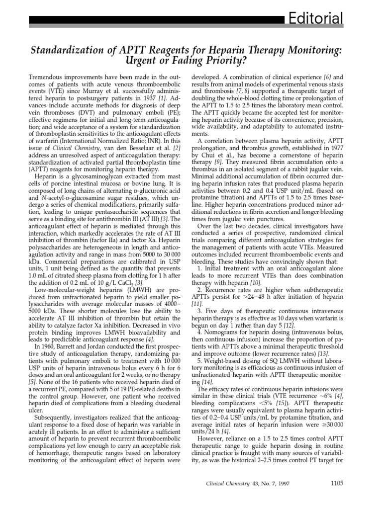 Editorial: Standardization of APTT Reagents For Heparin Therapy ...