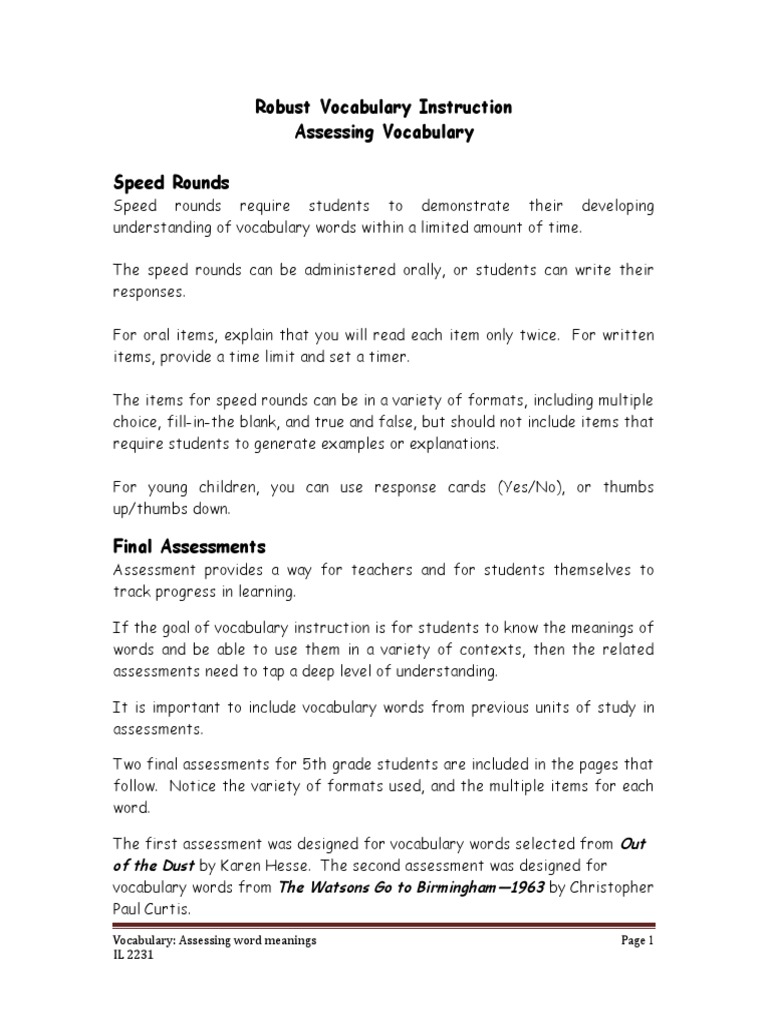 Robust Vocabulary Instruction Assessing Vocabulary Speed Rounds | PDF ...