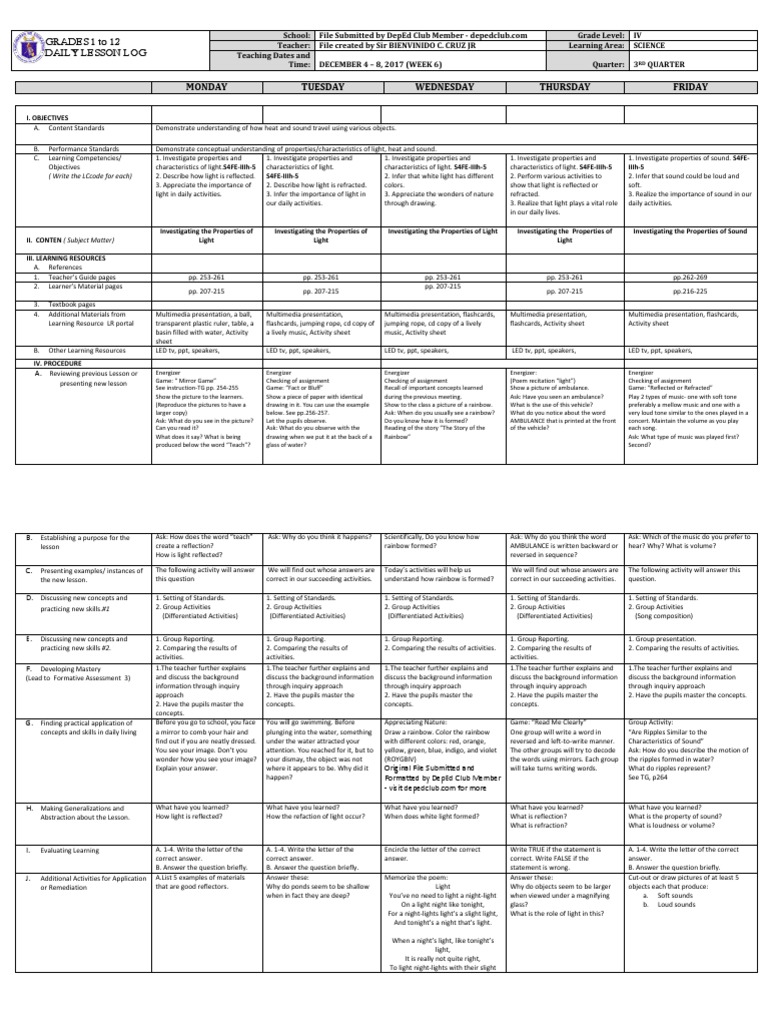 Grade IV Science Daily Lesson Log | PDF | Rainbow | Light