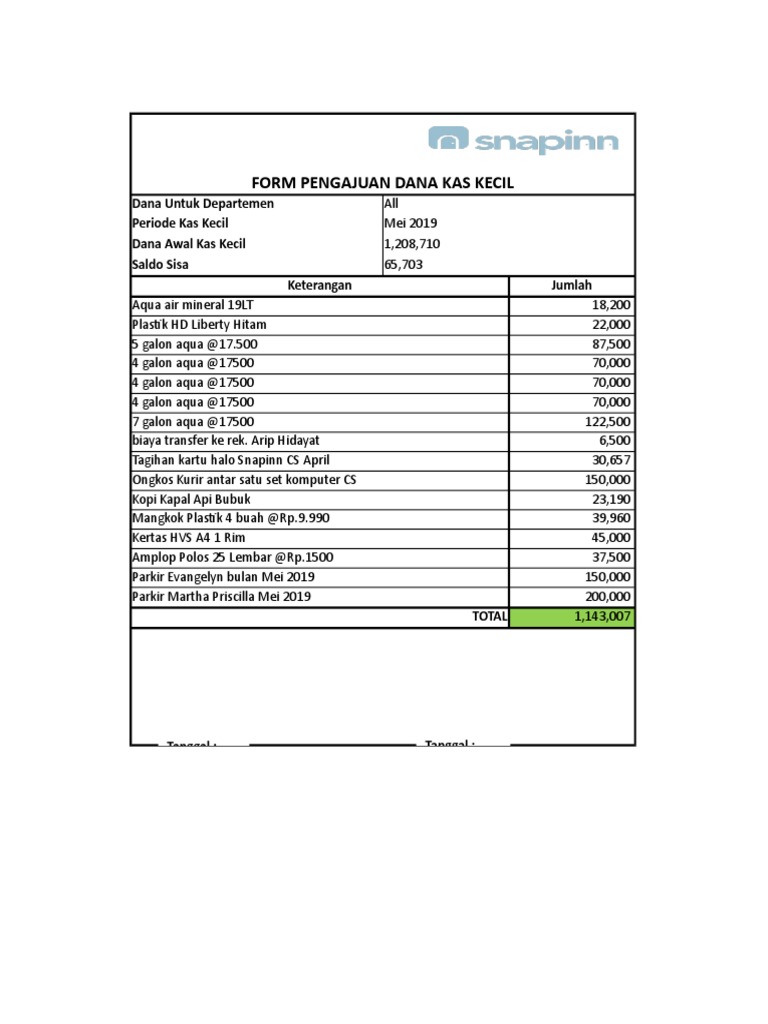 Form Pengajuan Dana Kas Kecil: Dana Untuk Departemen Periode Kas Kecil Dana Awal Kas Kecil Saldo ...
