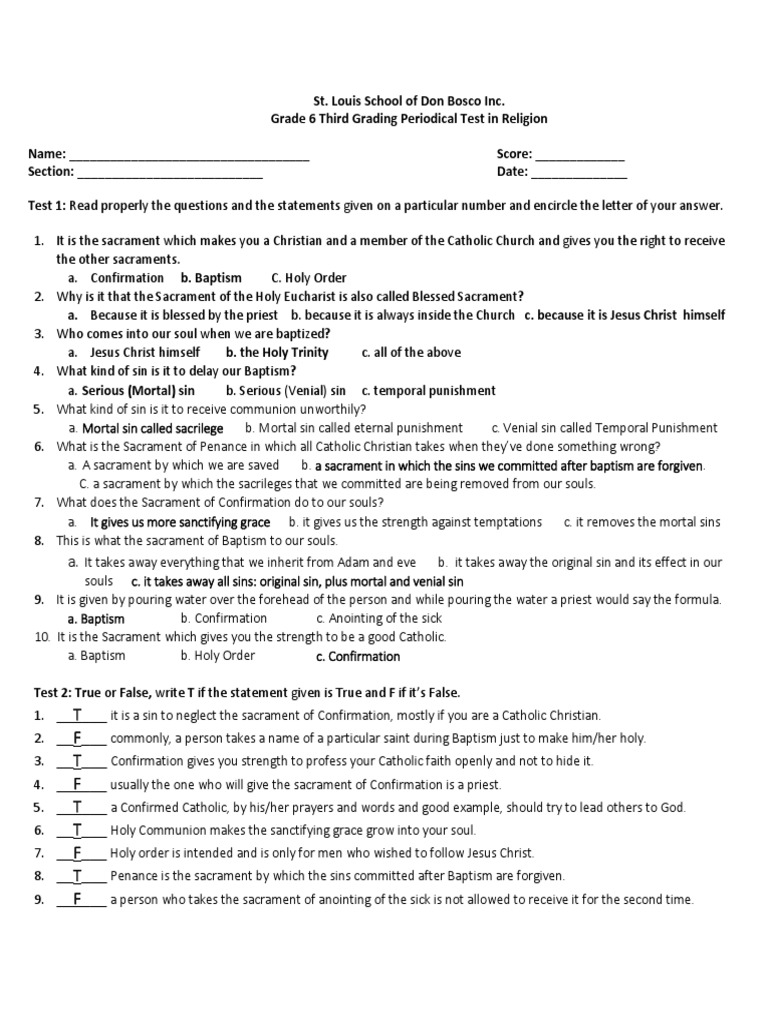 Grade 6 Religion Test: Sacraments | PDF | Sacraments | Confirmation