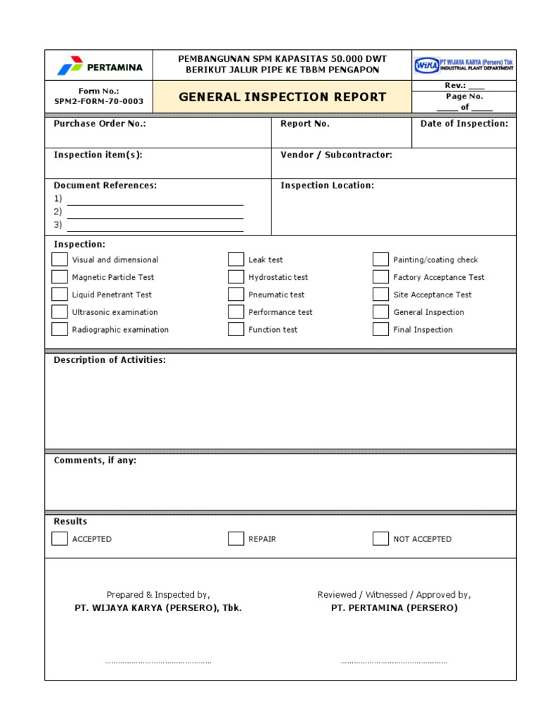 General Inspection Report for Pipeline | PDF