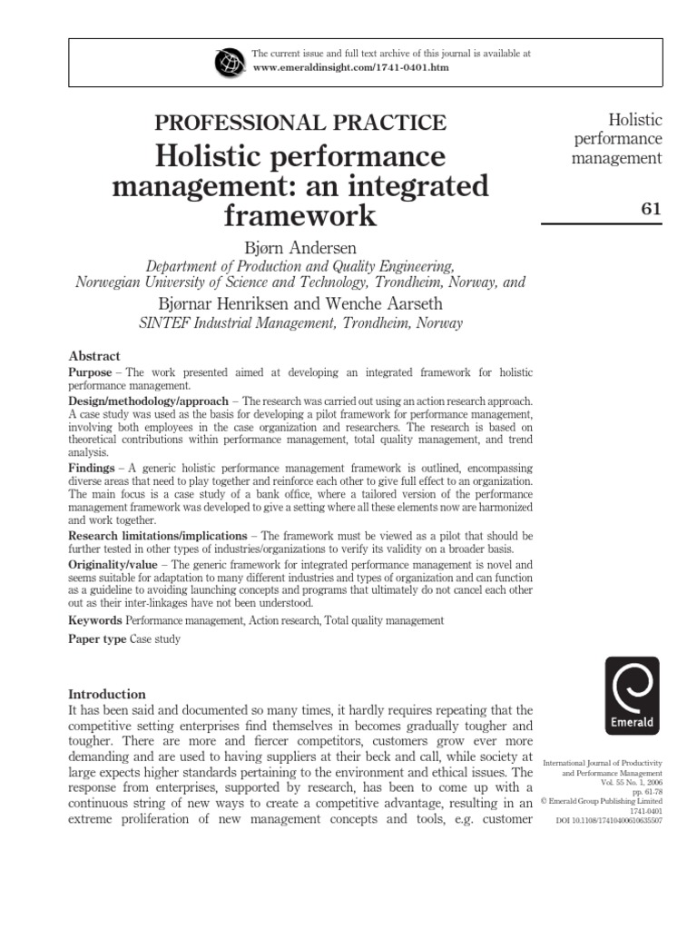 Holistic Performance Management: An Integrated Framework: Professional ...