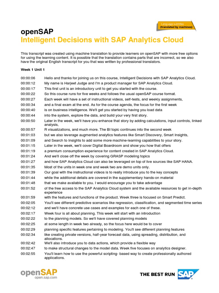 openSAP Sac1 Week 1 All Transcript en PDF | PDF | Analytics | Business Intelligence