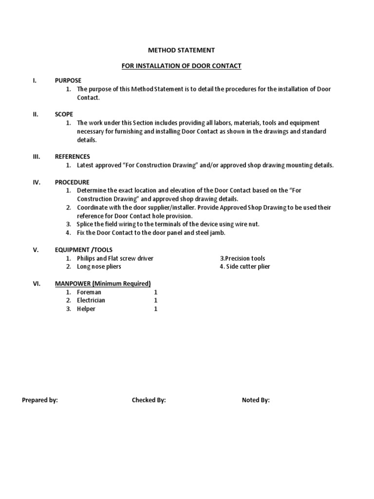 Method Statement For Door Contact | PDF