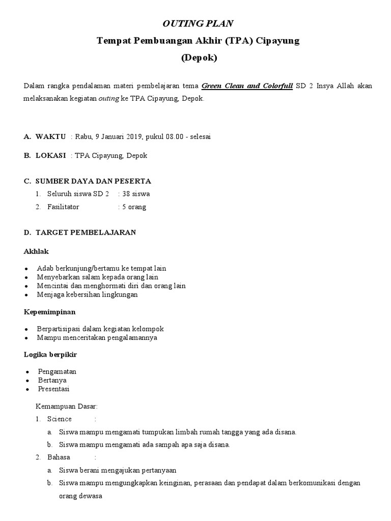 Outing Plan Tpa Cipayung | PDF