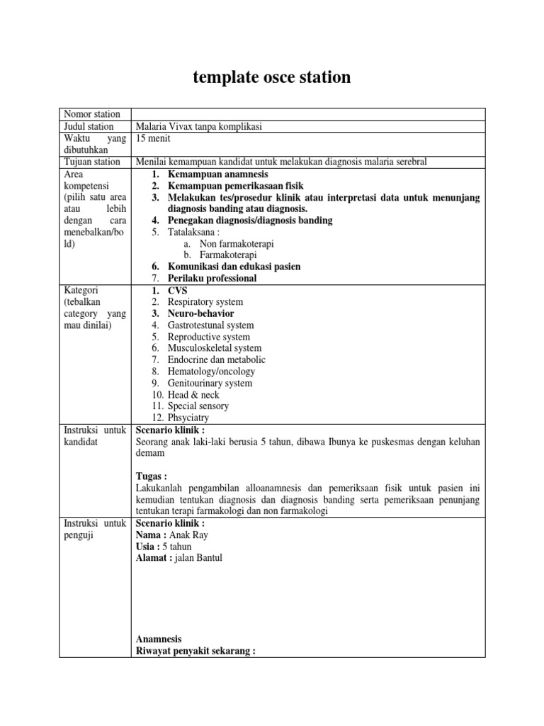 1 MALARIA Osce Template Osce Station | PDF