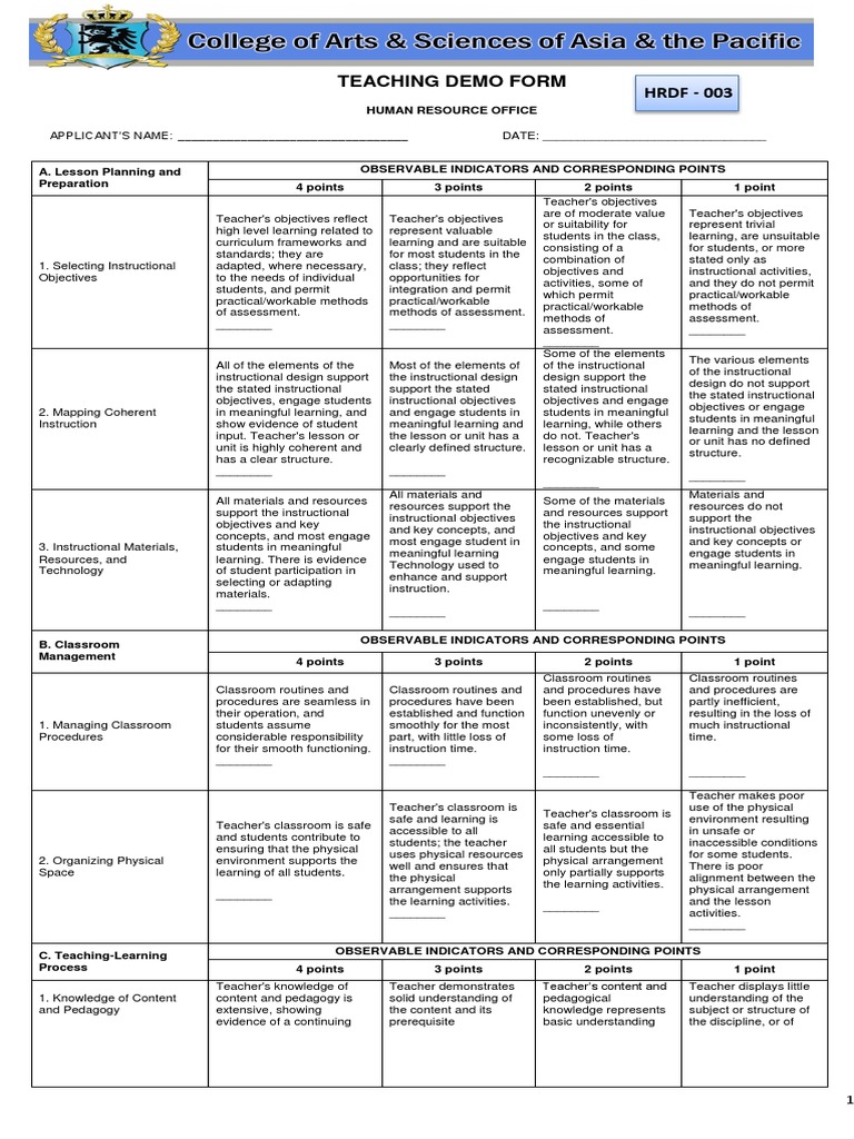 HRDF - Teaching Demo Form - Revised | PDF | Pedagogy | Teachers