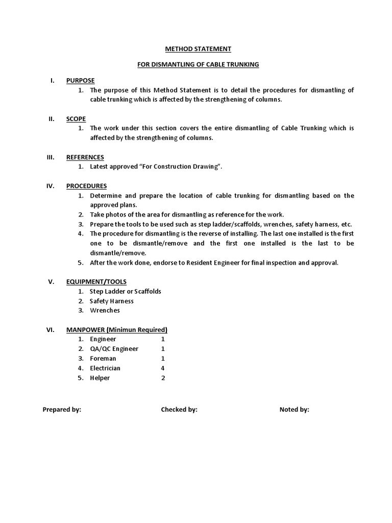 Method Statement For Dismantling of Cable Trunking | PDF