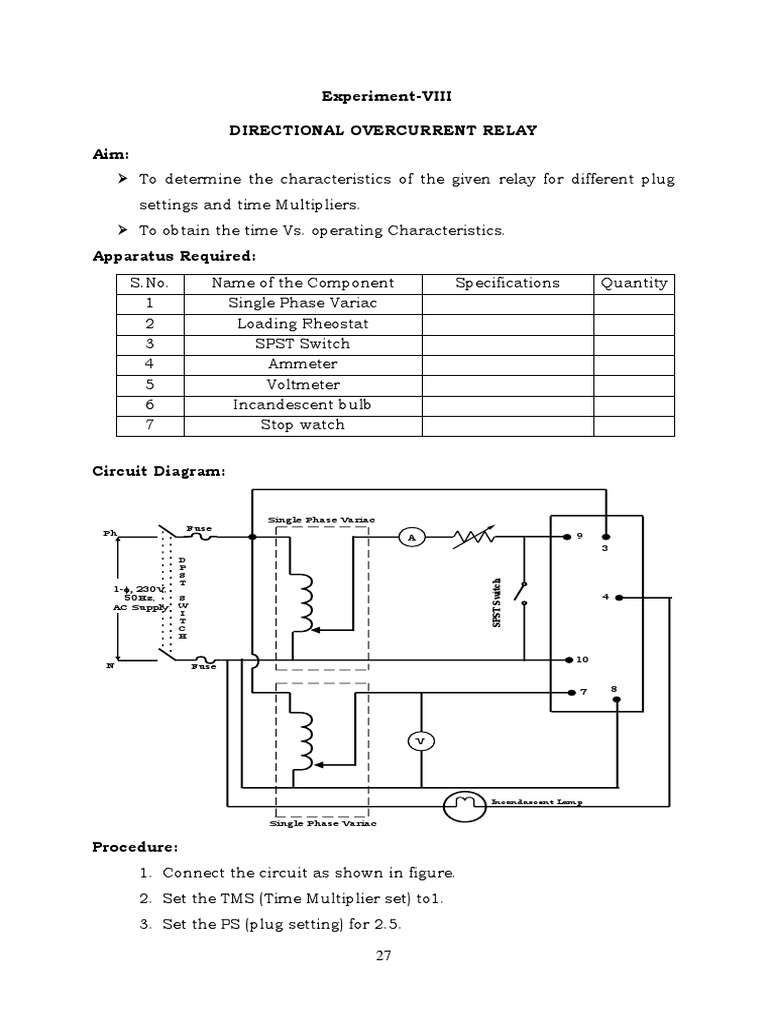 Experiment-VIII Directional Overcurrent Relay Aim:: PH 9 3 Fuse Single ...