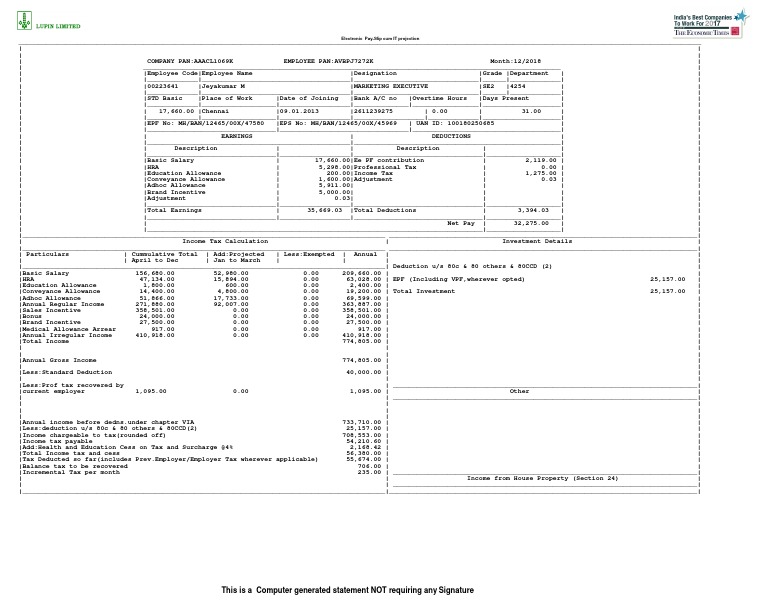 This Is A Computer Generated Statement NOT Requiring Any Signature ...