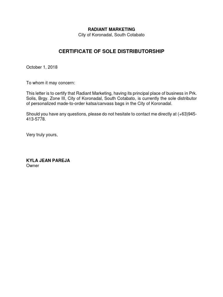 Certificate of Sole Distributorship | PDF