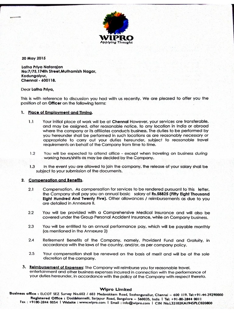 Wipro Experience Letter Format