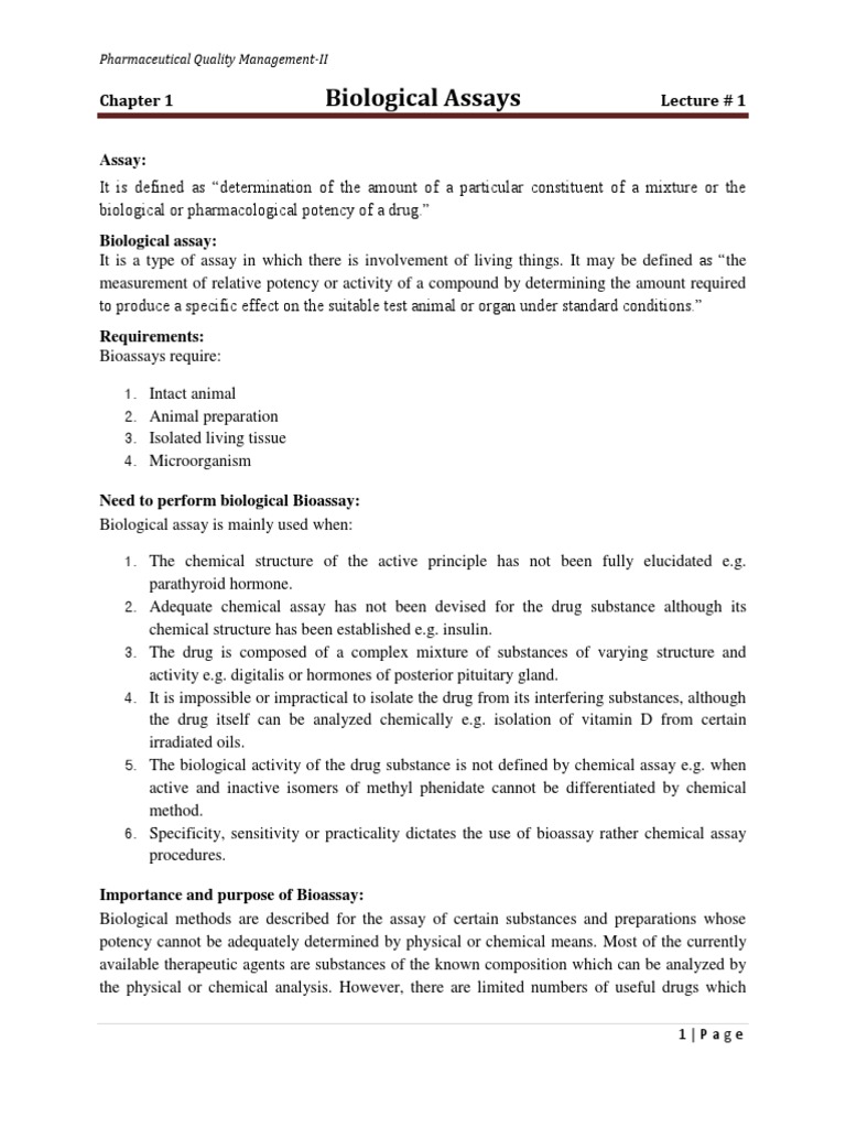Biological Assays: Lecture # 1 | PDF | Bioassay | Assay