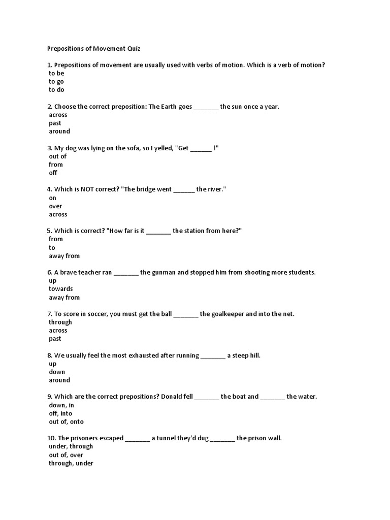 Prepositions of Movement Quiz | PDF