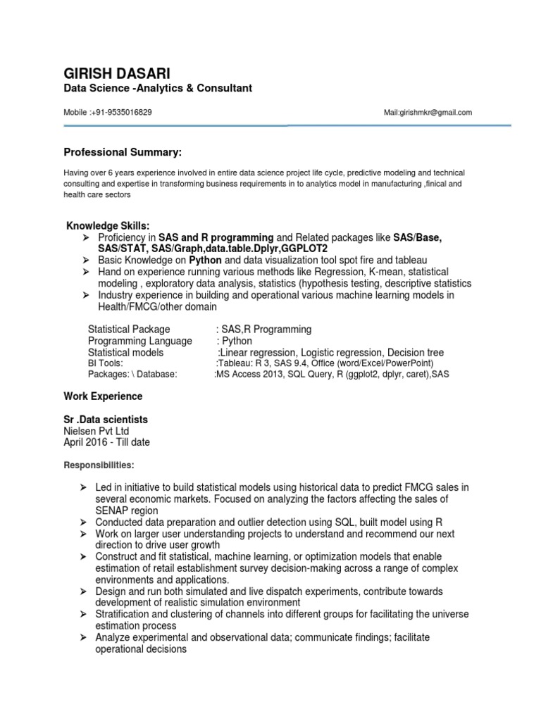 Girish Data Scientist | PDF | Sas (Software) | Data Analysis