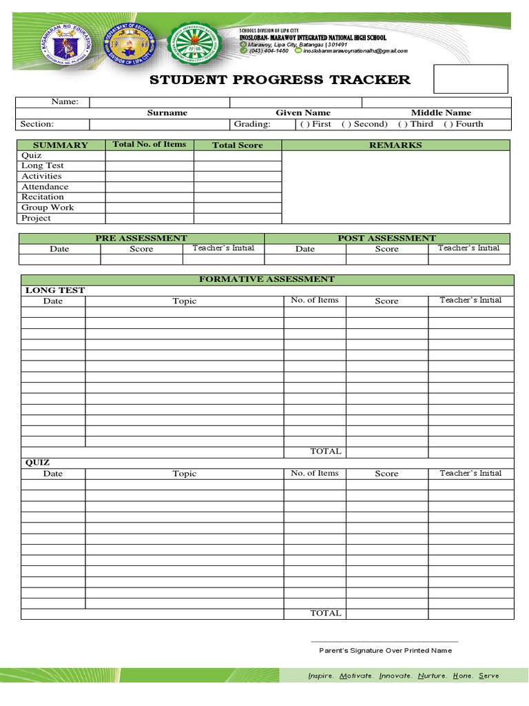 Student Progress Tracker: Name: Section: Grading: First Second) Third ...