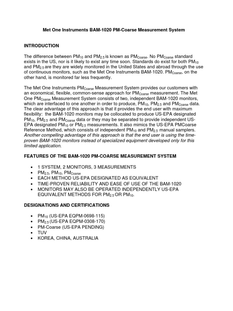 Met One Instruments BAM-1020 PM-Coarse Measurement System | PDF ...