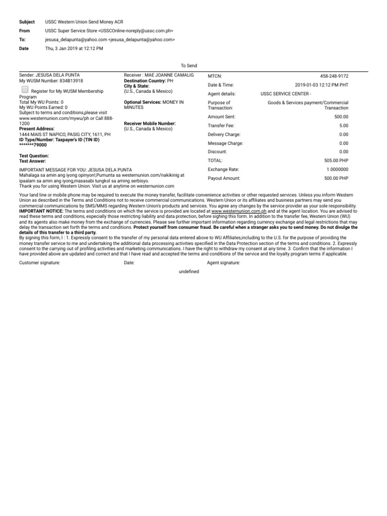 Yahoo Mail Document - USSC Western Union Send Money ACR | PDF | Western ...