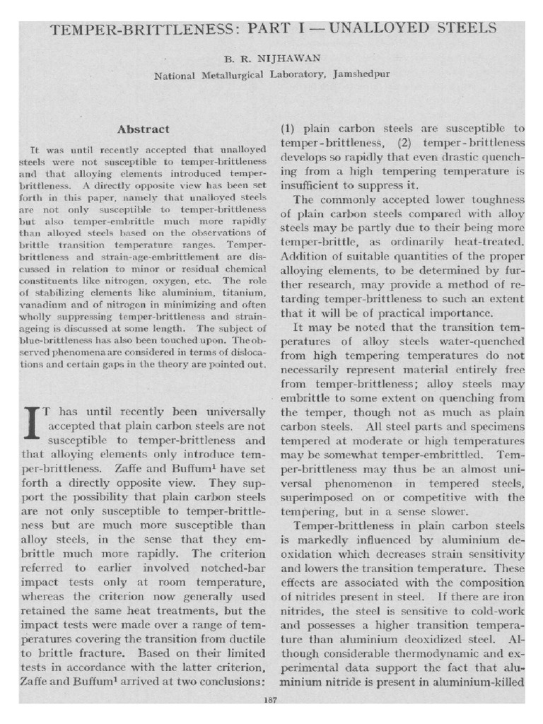 Temper-Brittleness: Part I - Unalloyed Steels: B. R. Nijhawan National ...