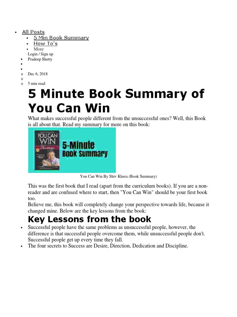 5 Minute Book Summary of You Can Win: Key Lessons From The Book | PDF ...