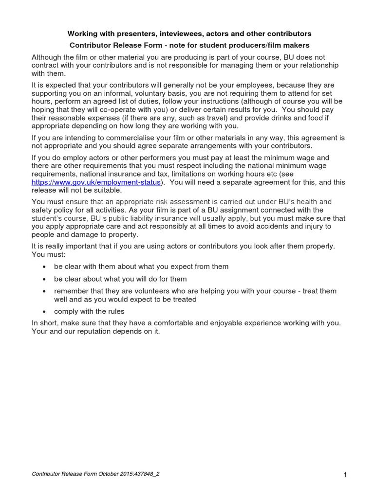 Contributor Release Form V1 | PDF | Insurance | Employment