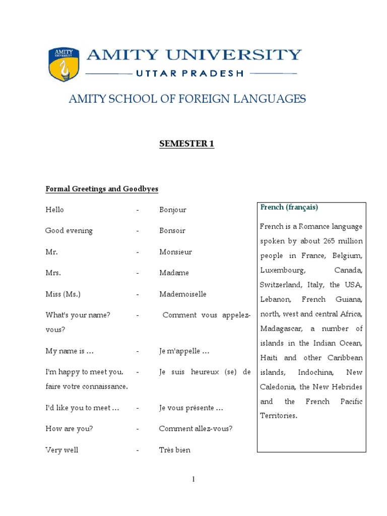 Amity School of Foreign Languages: Semester 1 | PDF | Grammatical ...