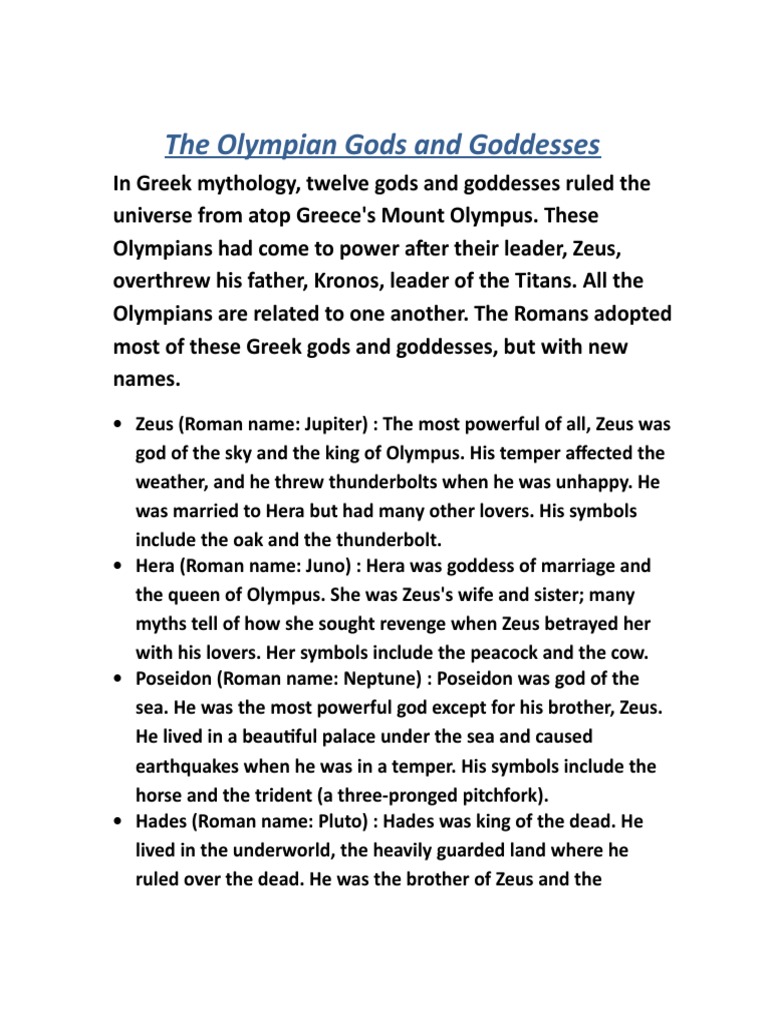 Greek Gods and Goddesses | PDF | Zeus | Dionysus