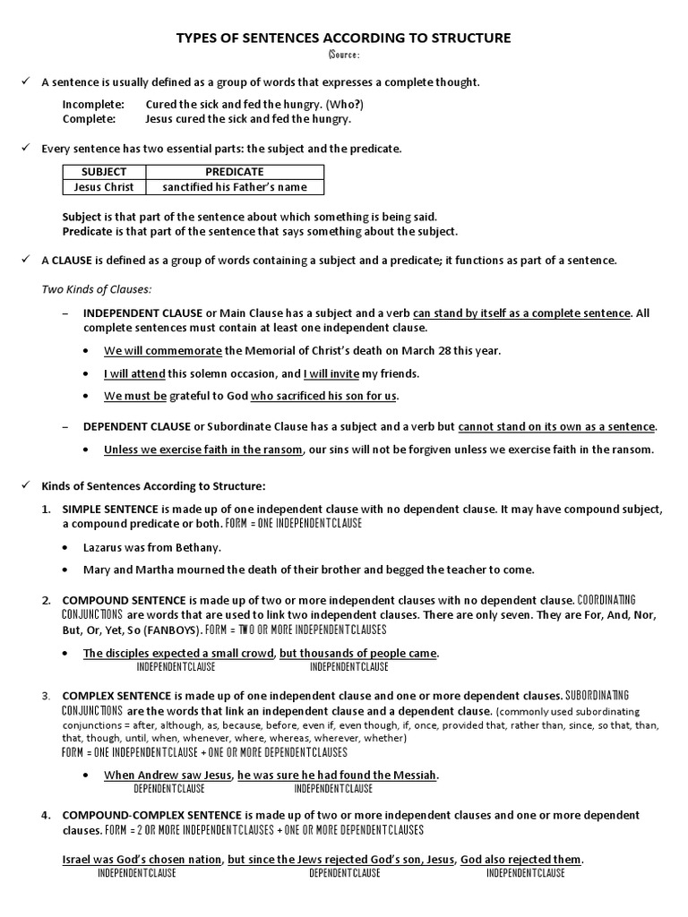 Types of Sentences According To Structure | PDF | Clause | Sentence ...