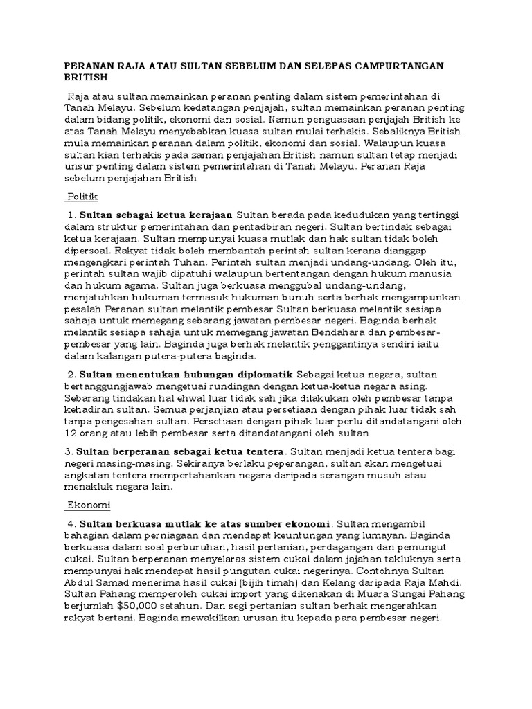 Peranan Raja Atau Sultan Sebelum Dan Selepas Campurtangan British | PDF
