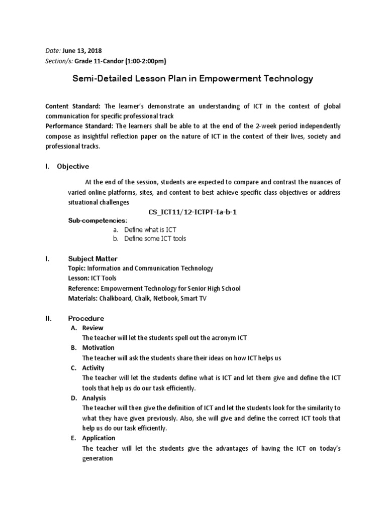 Semi-Detailed Lesson Plan in Empowerment Technology: Date: June 13 ...