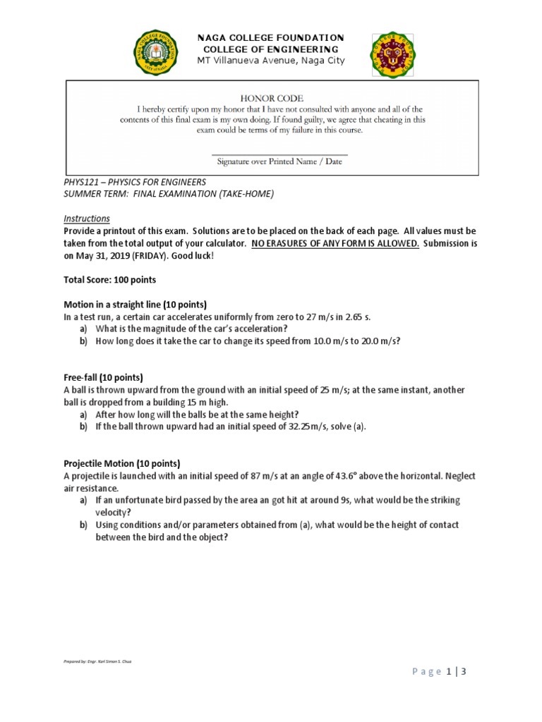 Phys121 - Physics For Engineers Summer Term: Final Examination (Take ...