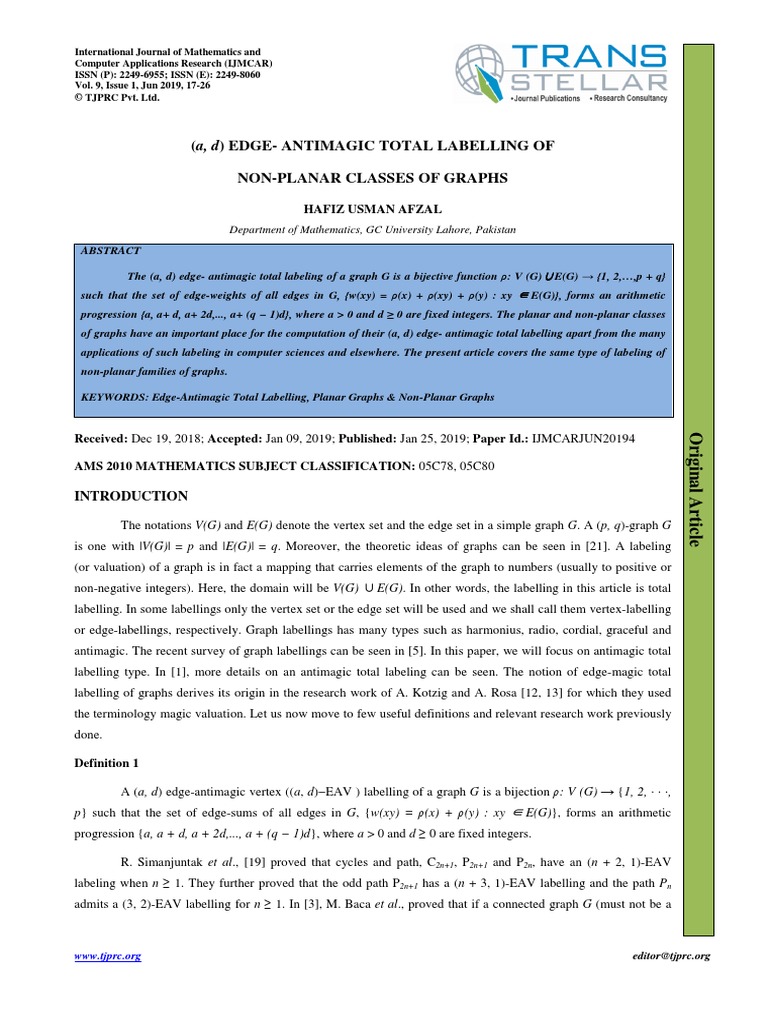 (A, D) Edge-Antimagic Total Labelling of Non-Planar Classes of Graphs | PDF | Graph Theory ...