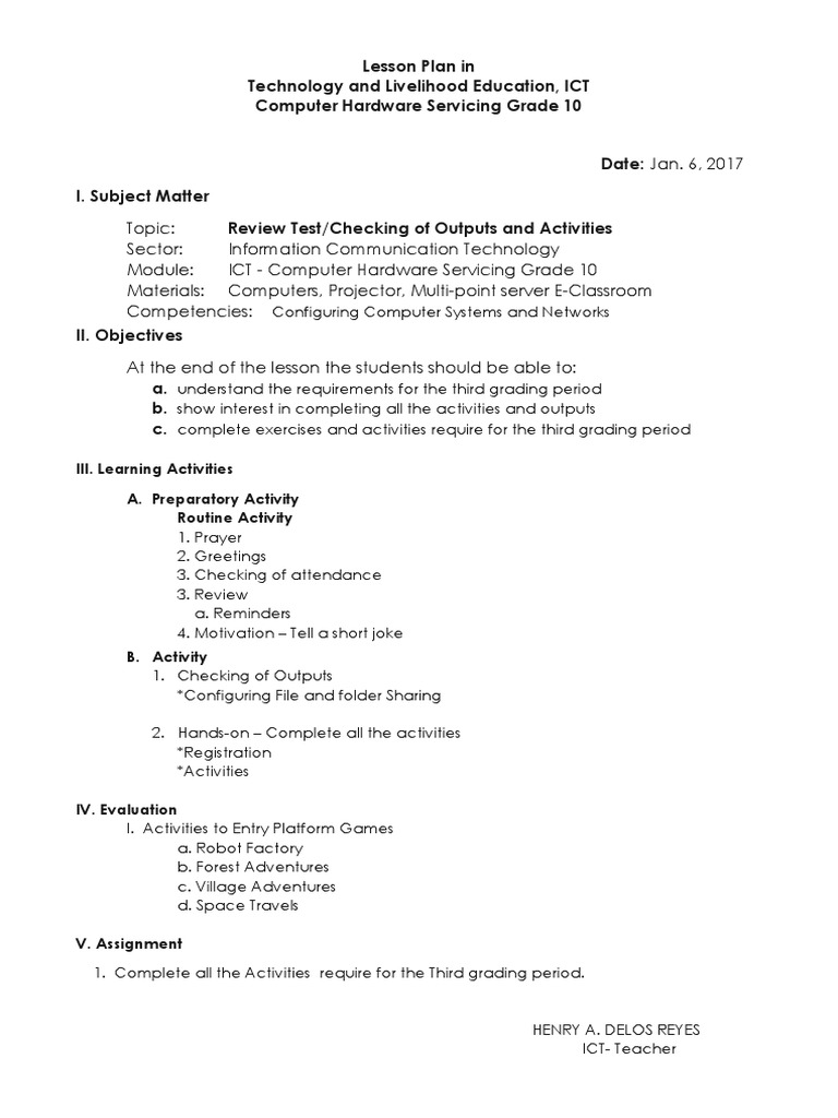 Lesson Plan in Technology and Livelihood Education, ICT Computer Hardware Servicing Grade 10 ...