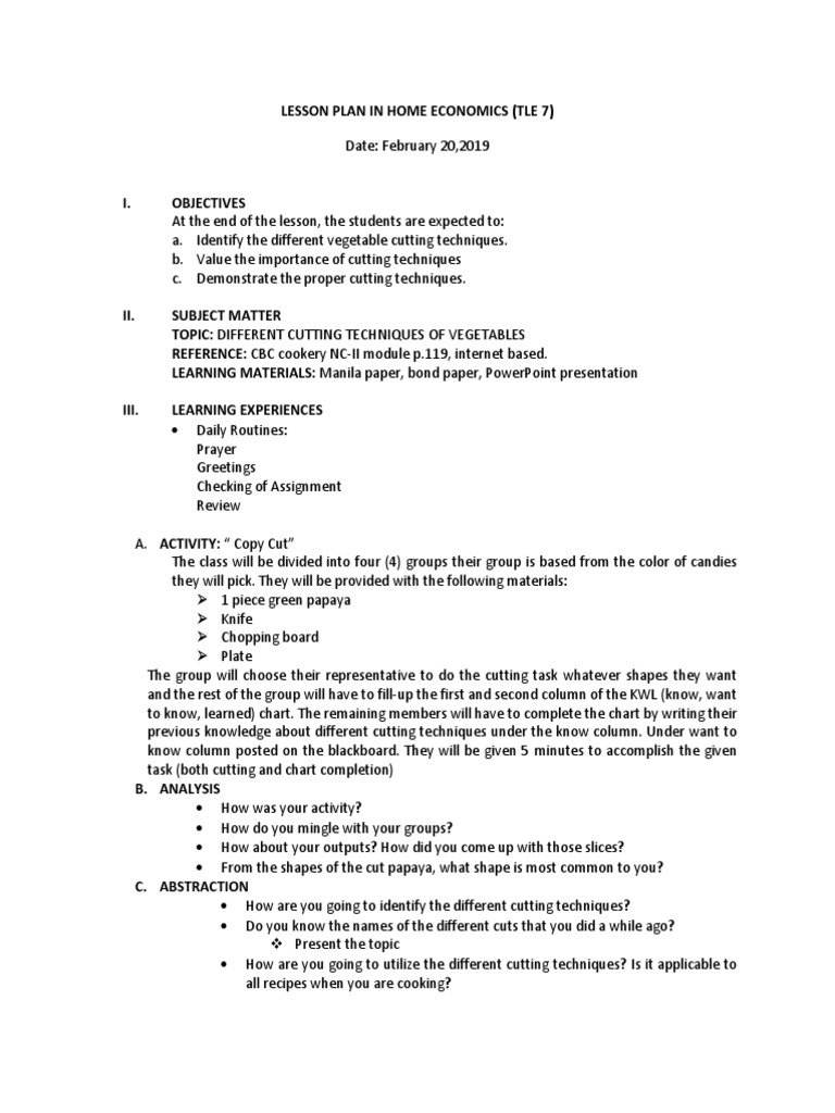 Lesson Plan in Cookery | PDF | Lesson Plan | Learning