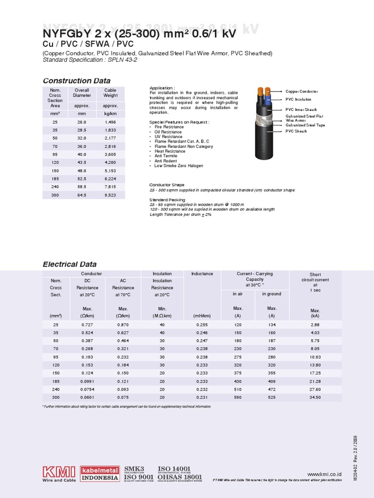 NYFGbY Cable Specifications and Data | PDF | Electrical Conductor ...