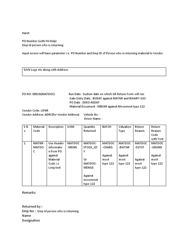 Return Material Form | PDF