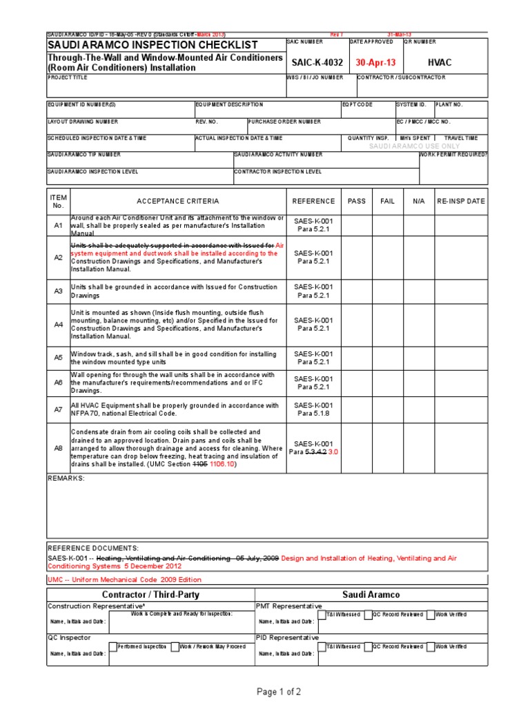 Saudi Aramco Inspection Checklist | PDF | Hvac | Engineering Thermodynamics