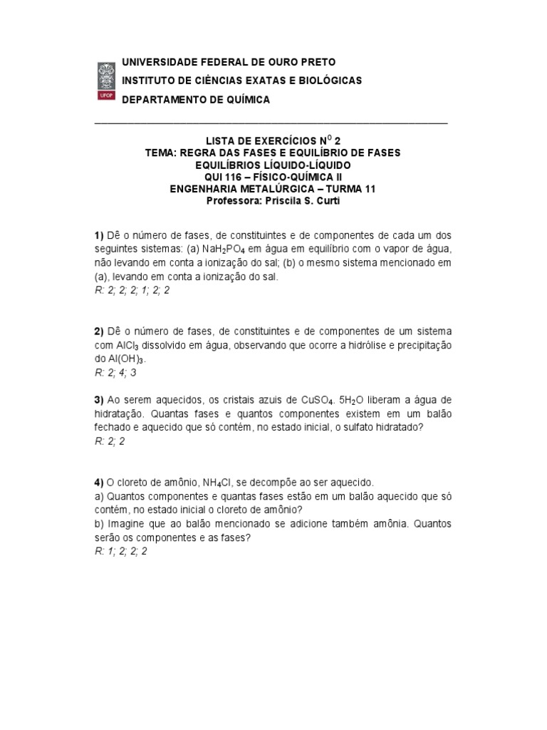 Lista Exercicios 2 Equilibrio Liq Liq PDF | PDF | Vapor | Diagrama de fase