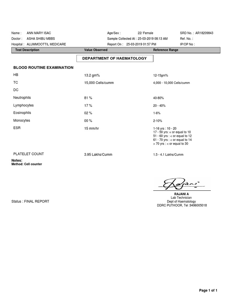 Department of Haematology Blood Routine Examination | PDF