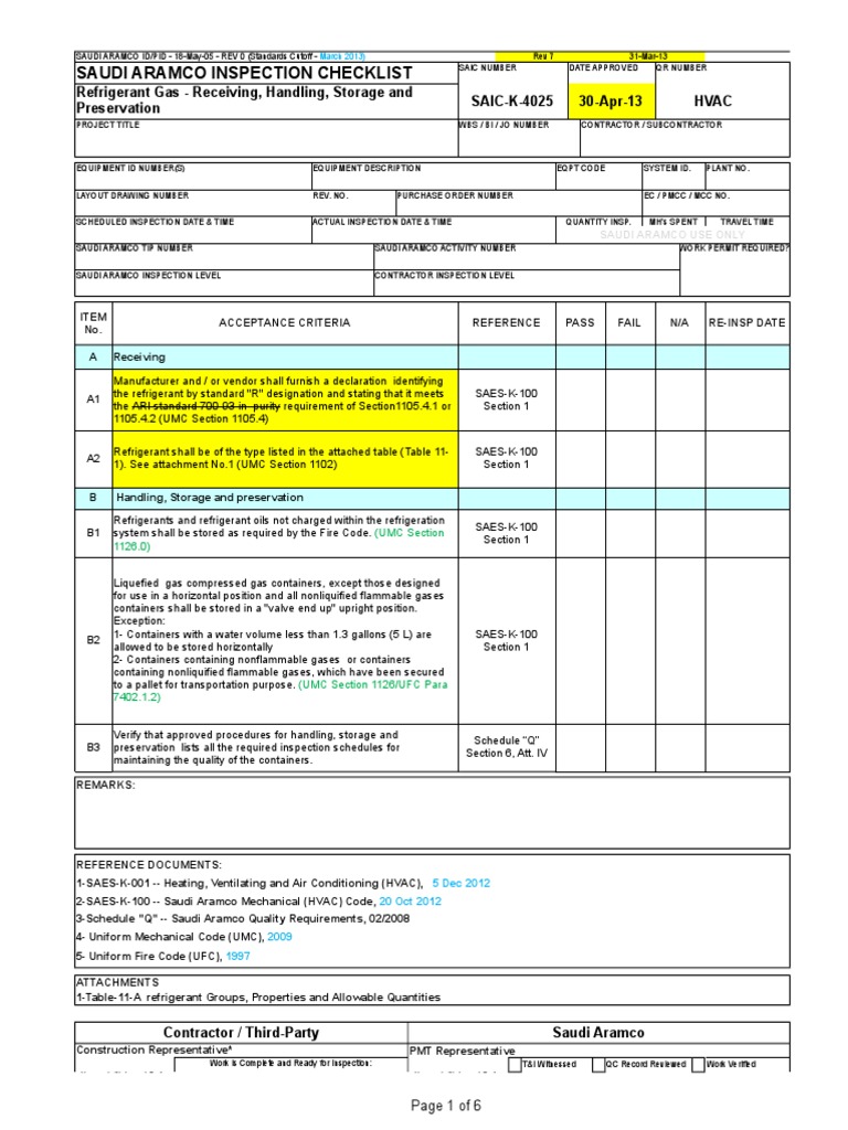 Saudi Aramco Inspection Checklist | PDF | Hvac | Home Appliance