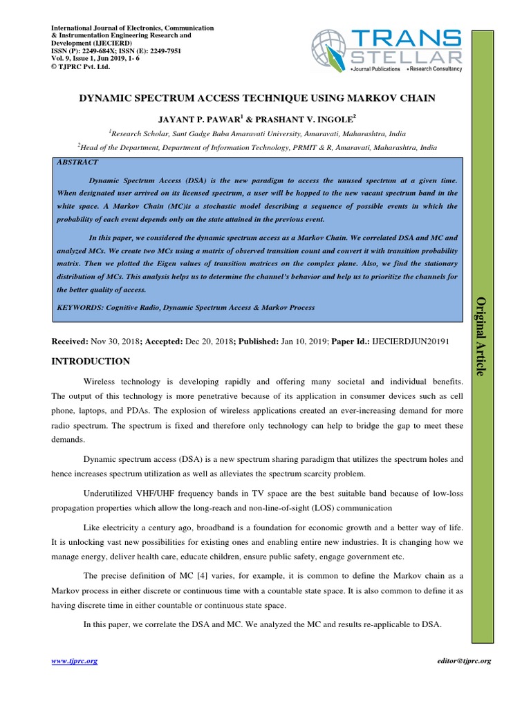 Dynamic Spectrum Access Technique Using Markov Chain: Jayant P. Pawar & Prashant V. Ingole | PDF ...