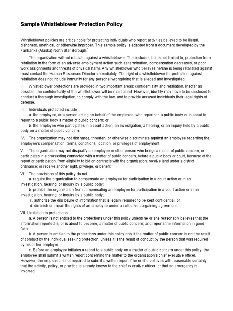 Sample Whistleblower Protection Policy | Download Free PDF ...